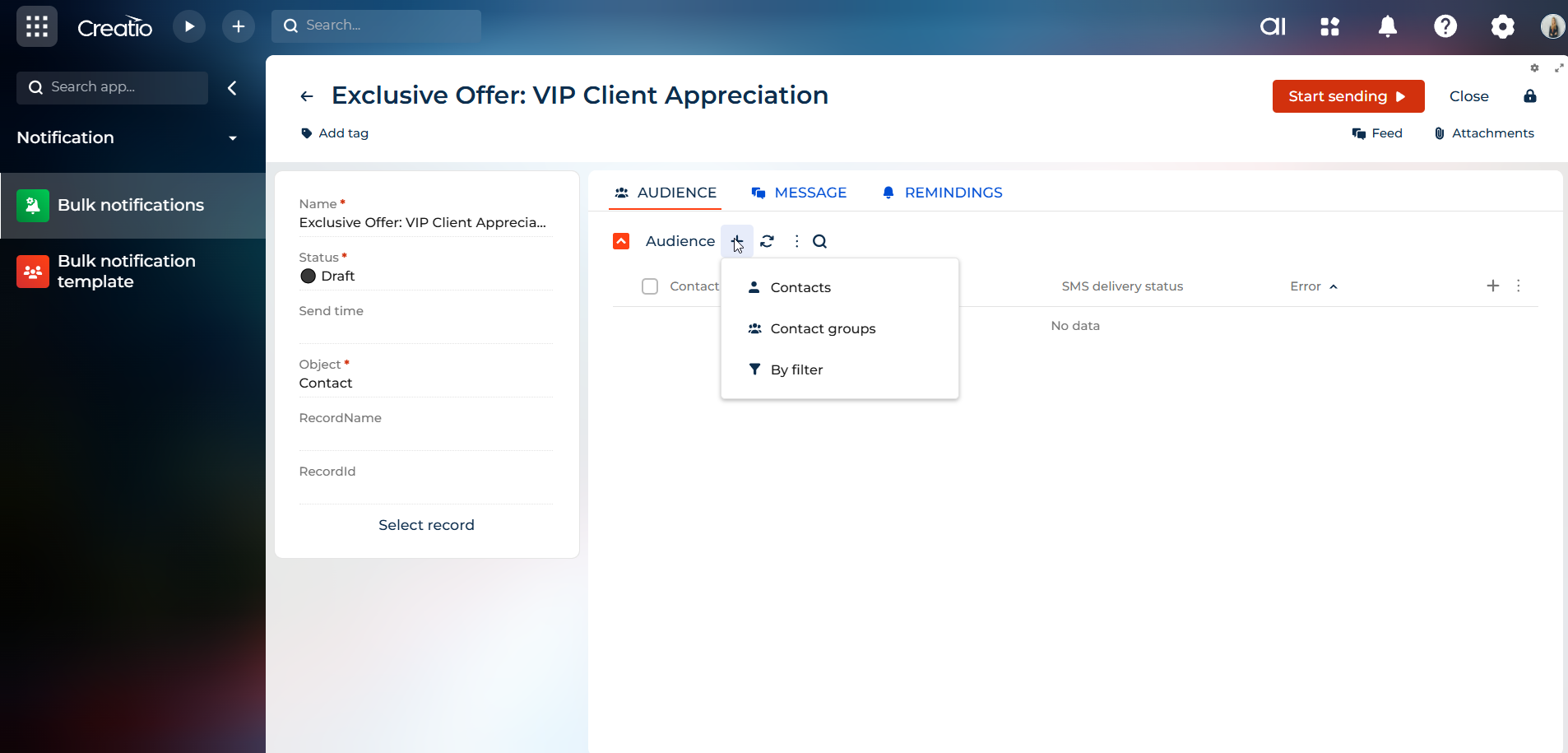 Banza Bulk Notifications for Creatio | Creatio Marketplace